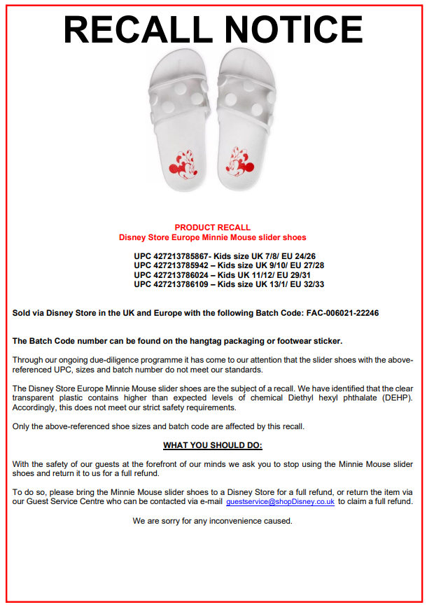 PRODUCT RECALL - Minnie Mouse & Ariel sliders – Disney Store Guest Services